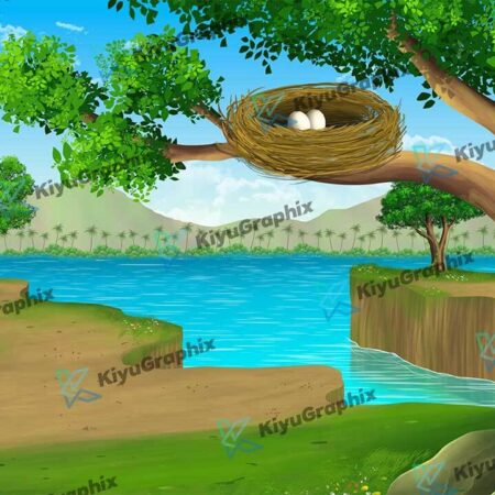 Nadi Ke Pass Ped Bird Cartoon Background (PSD File) - KiyuGraphix